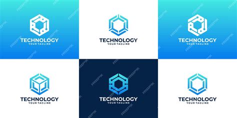 크리에이 티브 기술 육각 모양 로고 디자인의 세트 프리미엄 벡터