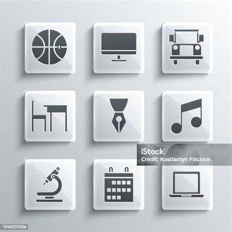 달력 노트북 음악 노트 음색 만년필 펜촉 현미경 학교 테이블 및 의자 농구 공 및 버스 아이콘을 설정합니다 벡터 가구에 대한 스톡 벡터 아트 및 기타 이미지 Istock