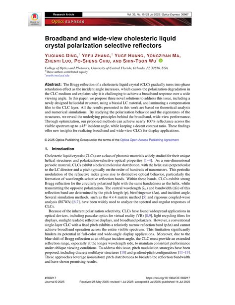 Pdf Broadband And Wide View Cholesteric Liquid Crystal Polarization Selective Reflectors