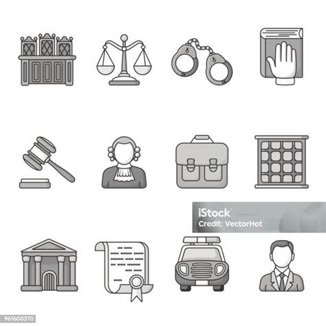 법과 정의 아이콘의 세트입니다 흑인과 백인 설명 아이콘 컬렉션 사법 시스템 개념입니다 개체 그룹에 대한 스톡 벡터 아트 및 기타 이미지 개체 그룹 검사 변호사 경찰관