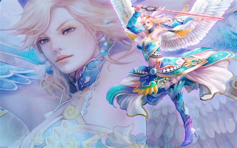 Beautiful Girl With Angel Wings Sword Blonde Hair And Blue Eyes In