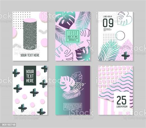 종 려 잎 및 기하학적 요소와 초록 열 대 포스터 템플릿 집합입니다 Hipster 스타일 책자 배너 플라이어입니다 벡터 일러스트 레이 션 아름다움에 대한 스톡 벡터 아트 및