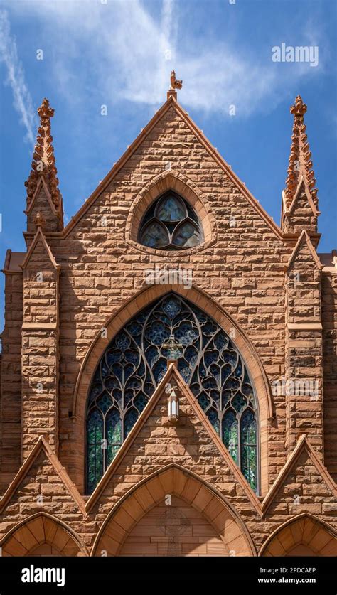 Spires And Stained Glass Windows Of Presbyterian Church Exterior Stock