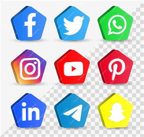 3d 버튼 또는 네트워크 플랫폼 로고의 인기 있는 소셜 미디어 아이콘 Facebook Instagram Yourube 프리미엄 벡터
