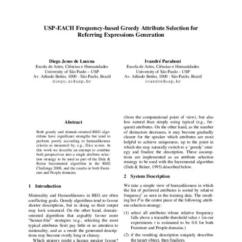 Usp Each Frequency Based Greedy Attribute Selection For Referring Expressions Generation Acl
