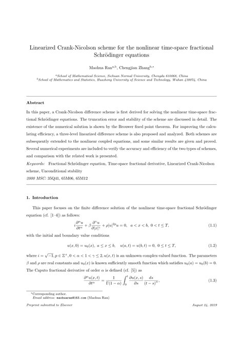 Pdf Linearized Cranknicolson Scheme For The Nonlinear Time Space Fractional Schrödinger Equations