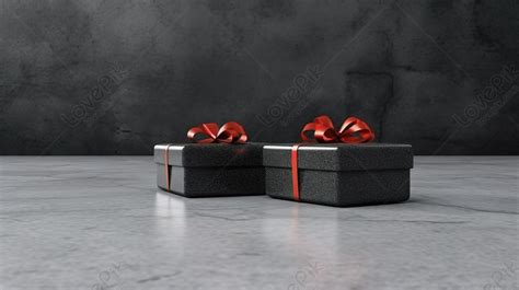 놀라운 3d 렌더링 콘크리트 질감 배경에 빨간색 나비 리본으로 묶인 검은색 선물 상자 완벽한 디지털 제품 프레젠테이션 절하다 배경 검은 리본 배경 놀라 배경