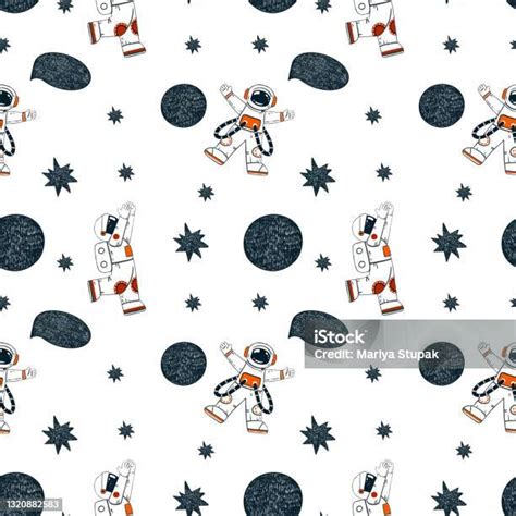 우주 패턴 평평한 우주 비행사 별과 행성 공간 원활한 질감 일러스트의 만화 스타일 우주 탐험가 우주 모험 천문학 스케치 미래의