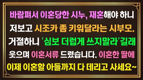 사연 바람펴서 이혼당한 시누재혼해야하니 저보고 시조카좀 키워달라는 시부모 거절하니 심보더럽게 쓰지말라길래 웃으며 이혼서류 들렸네요 이혼한딸에 이혼할 아들까지 데리고