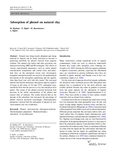 Pdf Adsorption Of Phenol On Natural Clay
