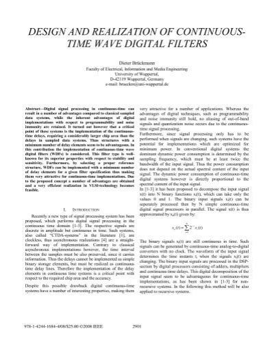 Design And Realization Of Continuous Time Wave Digital Filters