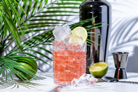 짭짤한 피망 마가리타 데킬라 고추 주스 라임 주스 시럽 및 고수와 함께 알코올 칵테일 음료 대리석 테이블 흰 벽 그림자가 있는 야자수 잎 0명에 대한 스톡 사진 및 기타