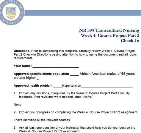 Nr394 Week 4 Assignment Check In Course Project Part 2 Nurse Iq