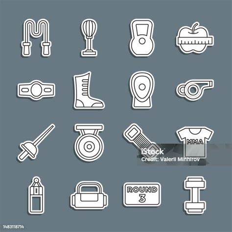 세트 라인 덤벨 파이트 클럽 Mma 휘파람 케틀벨 스포츠 권투 신발 권투 벨트 줄넘기 및 훈련 발 아이콘이 있는 티셔츠 벡터 가죽에 대한 스톡 벡터 아트 및 기타 이미지