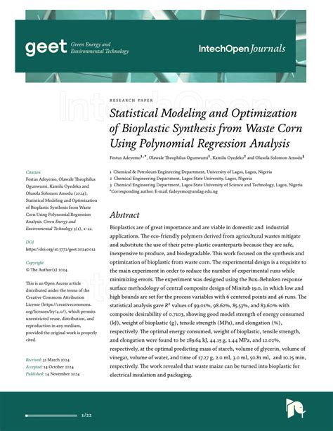 pdf statistical modeling and optimization of bioplastic synthesis