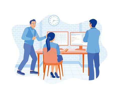 the manager and team of programmers work on two computers develop