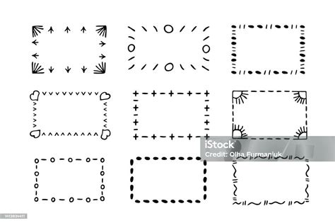 낙서 프레임 세트 손으로 그린 모노그램 디자인을위한 간단한 스케치 요소가있는 에깅스와 간부 개체 그룹에 대한 스톡 벡터 아트 및