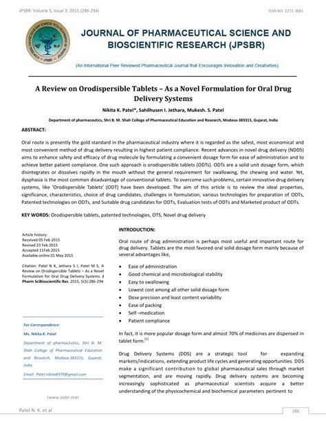 Pdf A Review On Orodispersible Tablets As A Novel Formulation For Oral Drug Delivery Systems