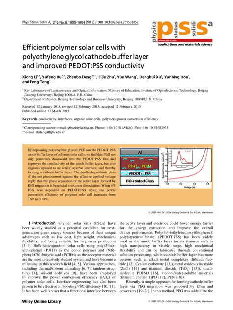 Pdf Efficient Polymer Solar Cells With Polyethylene Glycol Cathode Buffer Layer And Improved