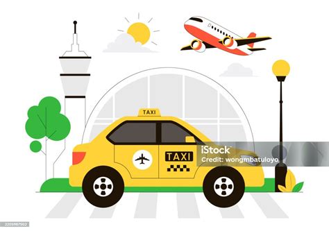 공항 택시 서비스 벡터 일러스트 레이 션은 플랫 스타일의 만화 배경에서 공항에서 목적지까지 수하물과 함께 승객 전송을 보여줍니다 Brand Name Smart Phone에