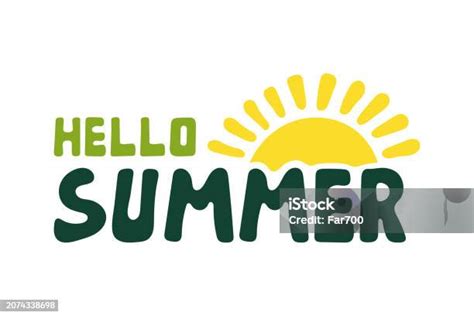 비문 안녕하세요 여름과 태양입니다 텍스트 글자 컬러 실루엣 수평 정면 보기 벡터 간단한 평면 그래픽 손으로 그린 그림입니다 흰색 배경에 고립된 개체입니다 격리 여름에 대한