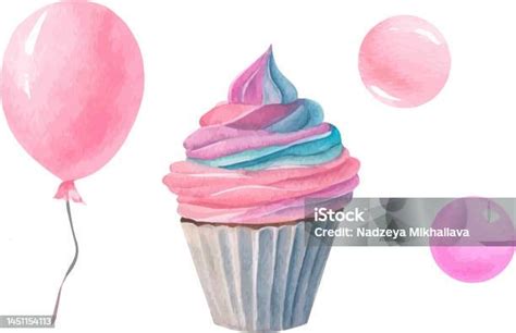 파스텔 색상의 벡터 수채화 생일 파티 요소 세트 분홍색 컵케이크 풍선 수채화에 대한 스톡 벡터 아트 및 기타 이미지 수채화