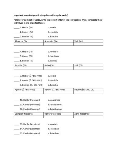 Imperfect Tense Fast Practice Regular And Irregular Verbs Teaching