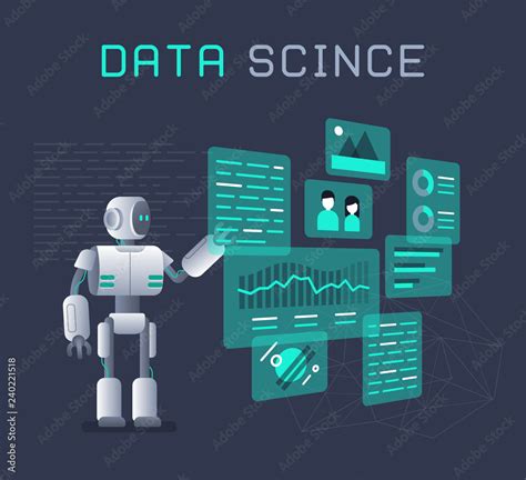 modern robot working with analytics data pie charts and graphs flat