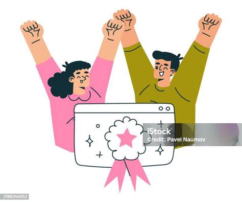 생산적인 워크 플로우 와 남자와 여자 환호 성공의 증명서 획득 관리 작업 벡터 일러스트 레이 션 개발에 대한 스톡 벡터 아트 및