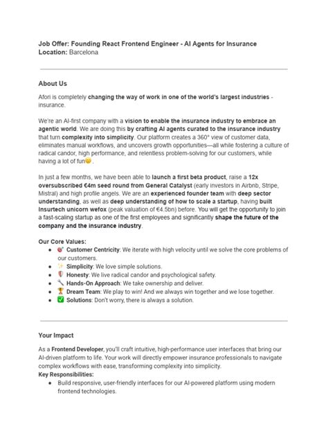 Job Offer Founding React Frontend Engineer Ai Agents For Insurance Pdf Business Computing