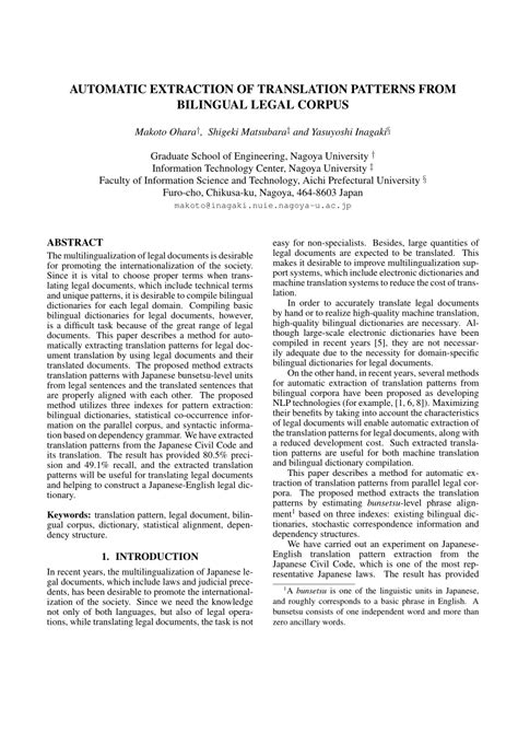 Pdf Automatic Extraction Of Translation Patterns From Bilingual Legal Corpus