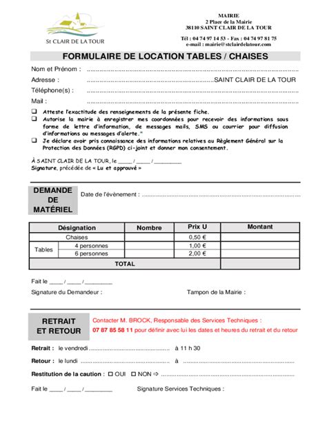 Remplissable En Ligne Formulaire De Location Tables Chaises Fax Email