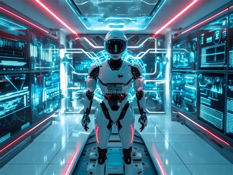 A Futuristic Robotic Technician Standing in a Neon Lit Laboratory Surrounded by Holographic ...