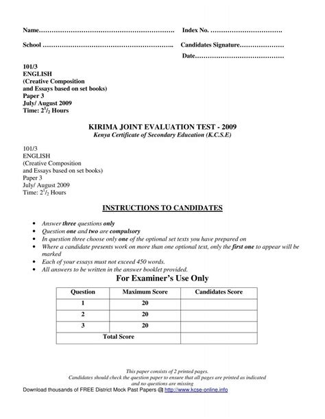 For Examiner S Use Only KCSE Online