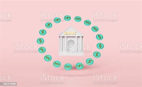 분홍색 파스텔 배경에 격리된 금화 동전이 있는 은행 또는 세무서 건물 은행 금융 환전 개념 3d 그림 또는 3d 렌더링 3차원 형태에 대한 스톡 사진 및 기타 이미지