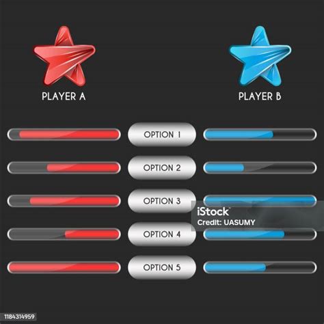 진행률 막대가 있는 컴퓨터 게임에 대한 스포츠 팀 또는 E스포츠 플레이어의 두 선수의 비교 표입니다 그래프 디자인 템플릿 비교 3차원 형태에 대한 스톡 벡터 아트 및 기타