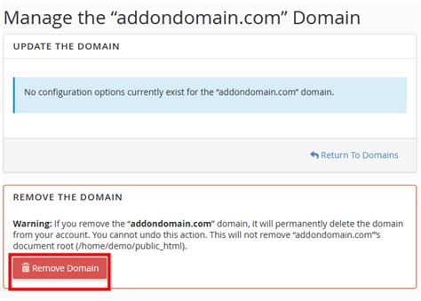 delete addon domain kemuhost
