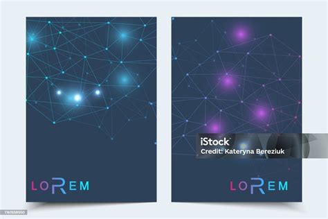 과학 브로셔 디자인 템플릿 벡터 전단지 레이아웃 연결된 선과 점이있는 분자 구조 잡지 전단지 표지 포스터 디자인을위한 요소와 과학 패턴 원자 Dna 0명에 대한 스톡 벡터