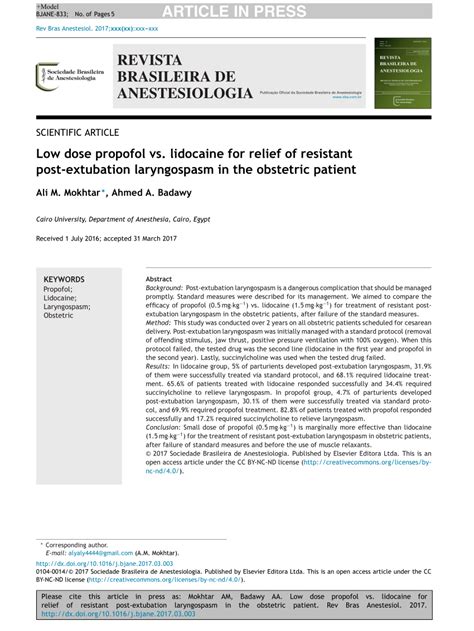 Pdf Low Dose Propofol Vs Lidocaine For Relief Of Resistant Post Extubation Laryngospasm In