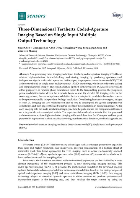 Pdf Three Dimensional Terahertz Coded Aperture Imaging Based On Single Input Multiple Output