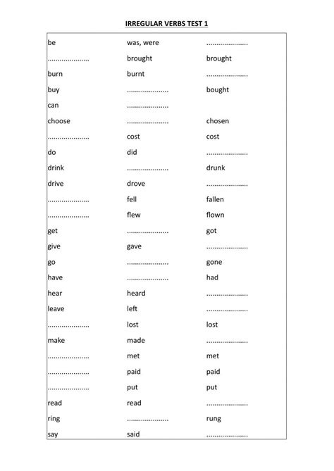 Irregular Verbs Test 1 Online Worksheet Live Worksheets
