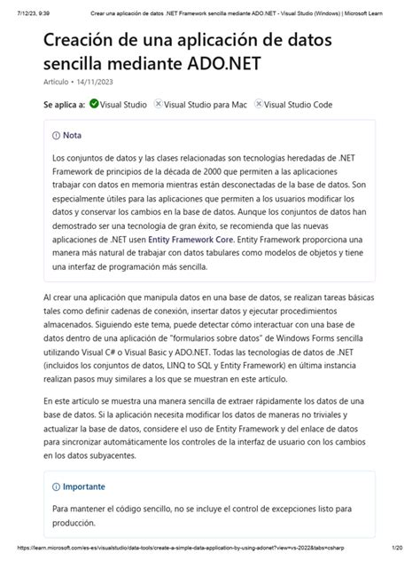 Crear Una Aplicación De Datos Net Framework Sencilla Mediante Pdf