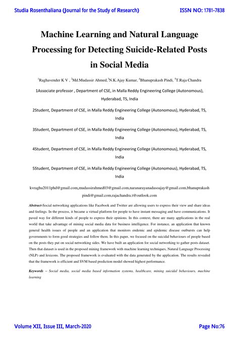Pdf Machine Learning And Natural Language Processing For Detecting Suicide Related Posts In