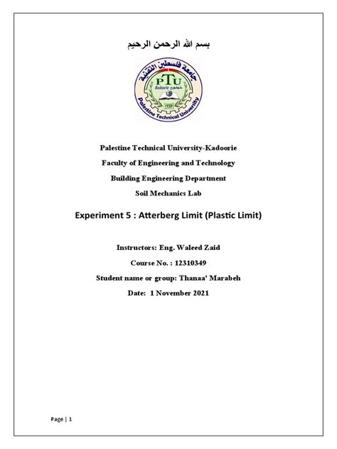 Experiment 5 Atterberg Limit Plastic Limit Pdf Applied And Interdisciplinary Physics