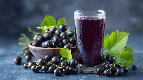 Black Currant Juice With Black Currant Leaves On Dark Background