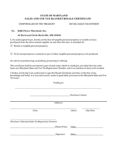Maryland Sales Tax Exemption Certificate Prntbl