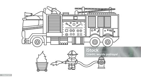 손으로 그린 벡터 일러스트레이션 컬러 어린이 소방차 소방관 클립 아트 개념에 대한 스톡 벡터 아트 및 기타 이미지 개념 교통수단 구조 Istock