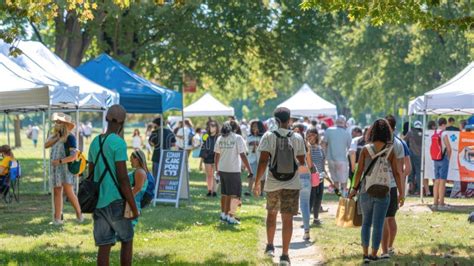 Outdoor Summer Fair With Diverse People Walking Between Booths Stock