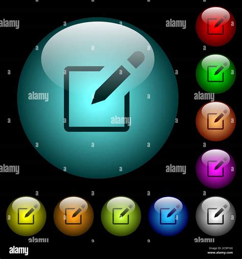 Editbox With Pencil Icons In Color Illuminated Spherical Glass Buttons On Black Background Can