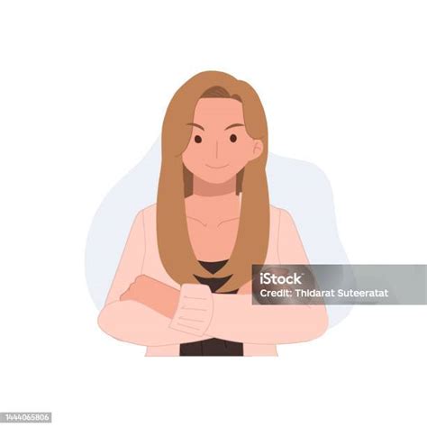자신감 있고 행복한 여성 캐릭터 팔짱을 끼고 성공한 소녀 벡터 평면 그림 긴에 대한 스톡 벡터 아트 및 기타 이미지 긴